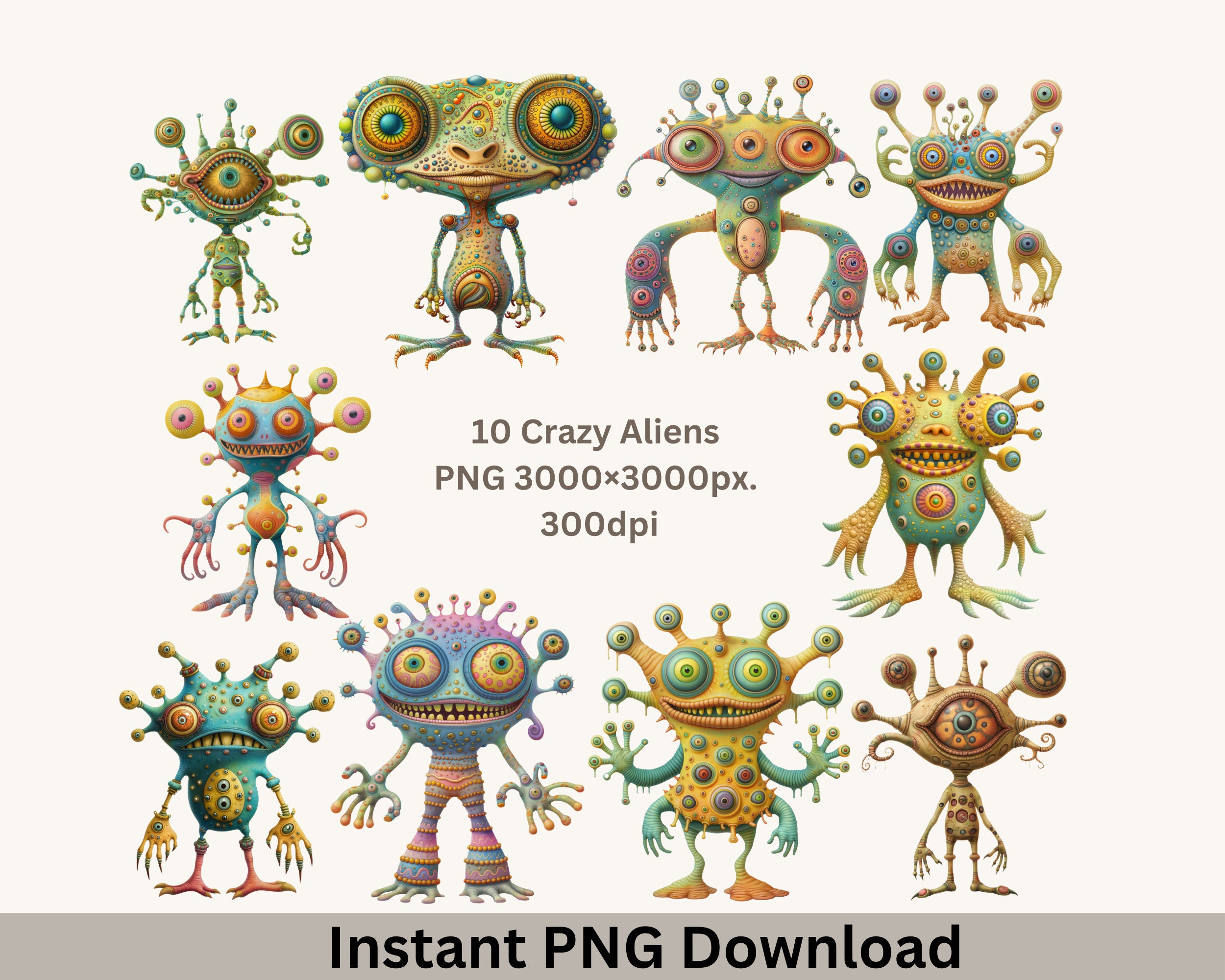 10 Whimsical Crazy Aliens PNG File 300 DPI, Great for Clipart ...