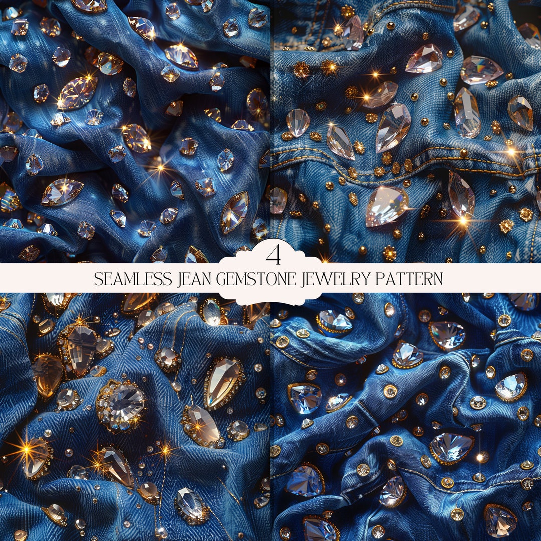 4 Elegant Denim With Crystals Seamless Pattern, PNG, Digital Art for ...
