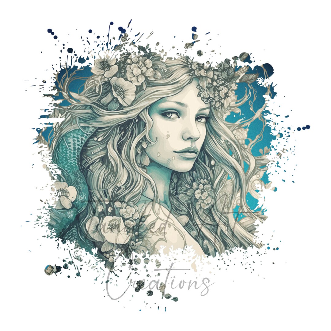 Beautiful Mermaid Girl With Long Hair and Floral Decoration in Teal ...