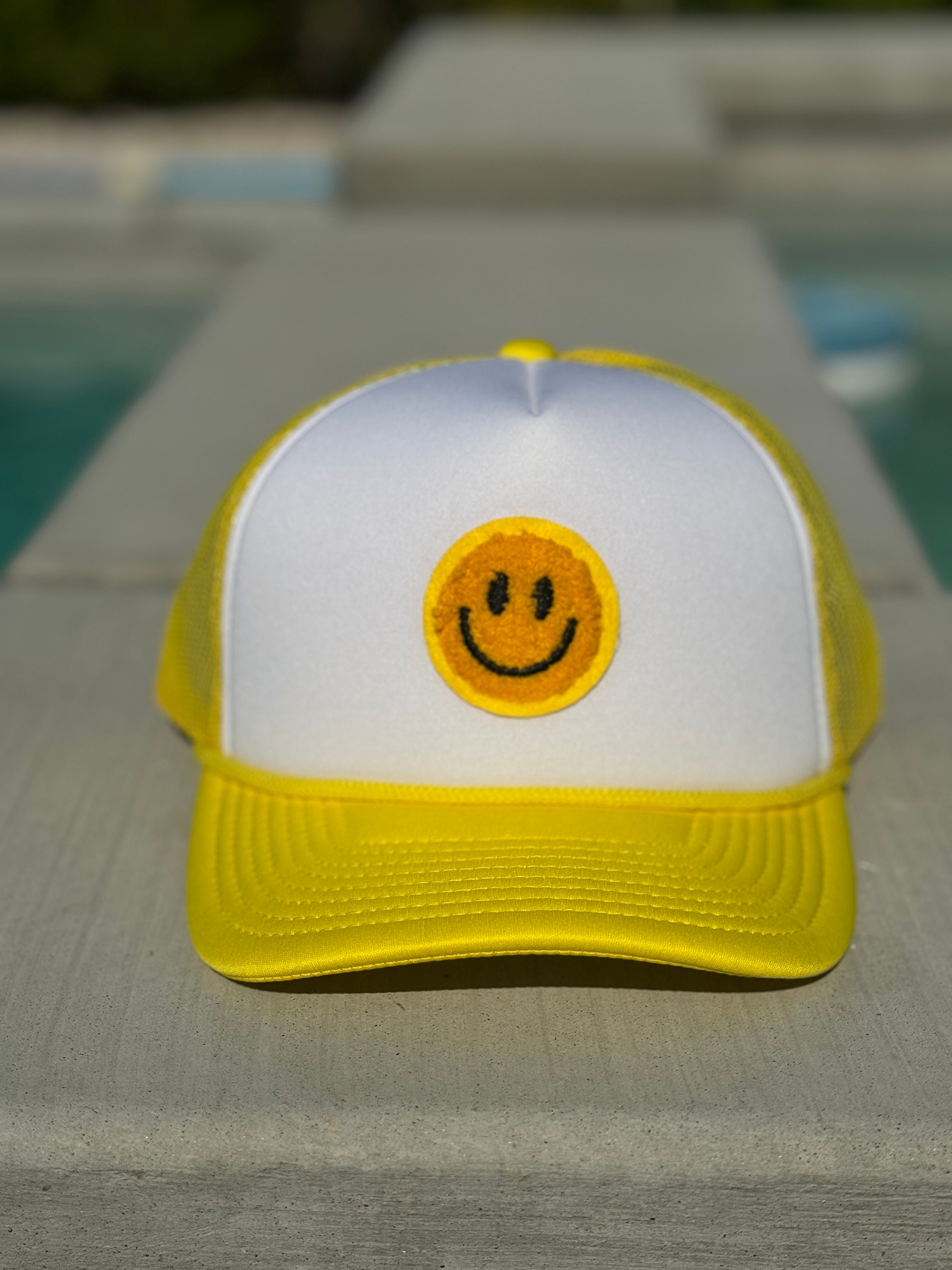 Have a Nice Day Fuzzy Smiley Face Patch on White and Yellow Mesh ...