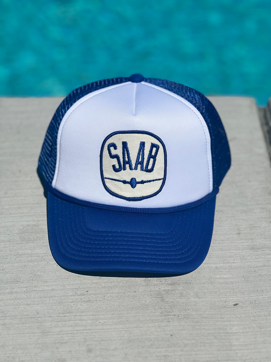 Vintage Saab Aerospace Logo Patch on a White and Blue Mesh Adjustable Trucker Hat - Etsy