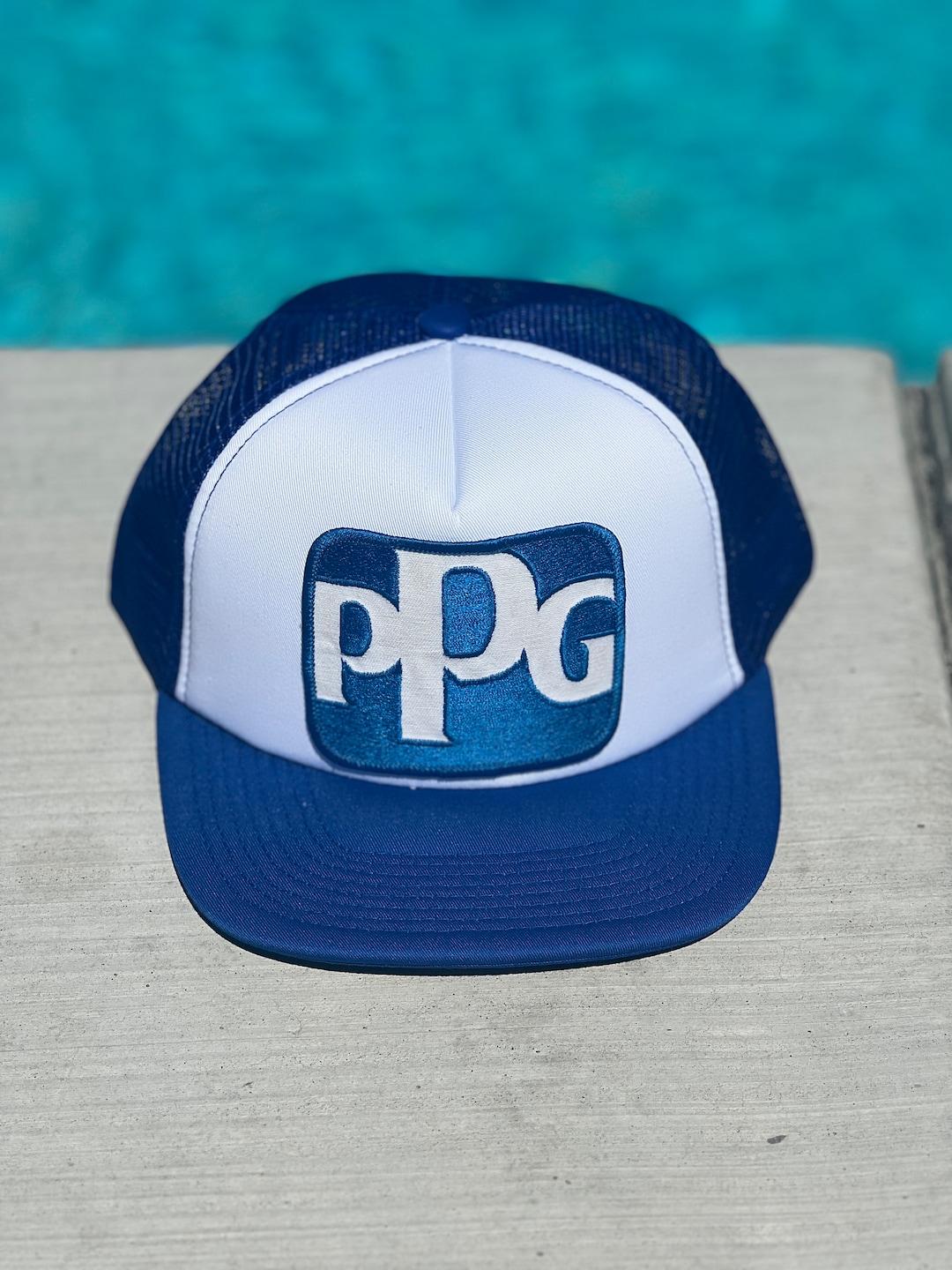 Vintage PPG Logo Patch on a White and Royal Blue Flat Brimmed Trucker ...
