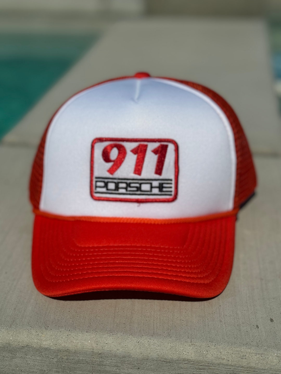 911 Porsche Logo Patch on a White and Orange Mesh Trucker Hat - Etsy