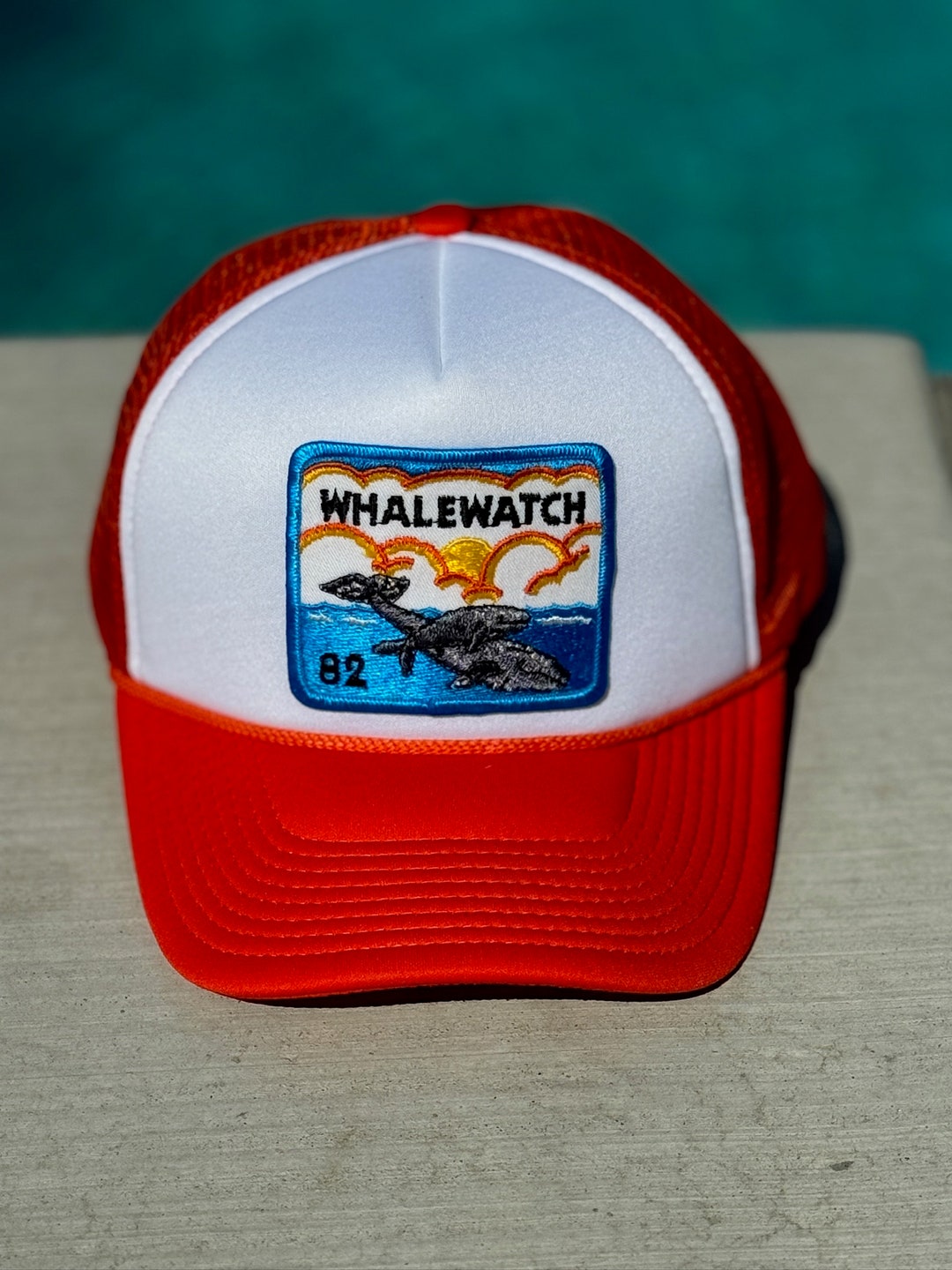 Vintage 1982 Whale Watching Patch on a White With Orange Mesh Trucker ...