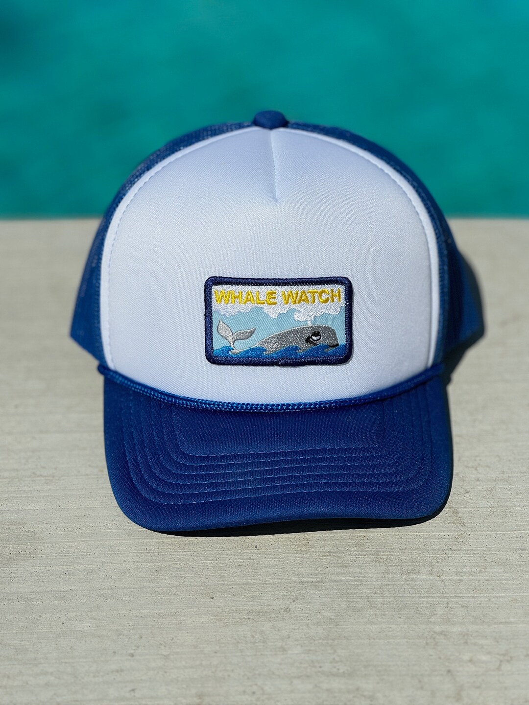 Vintage Whale Watch Patch on a White and Royal Blue Adjustable Trucker ...
