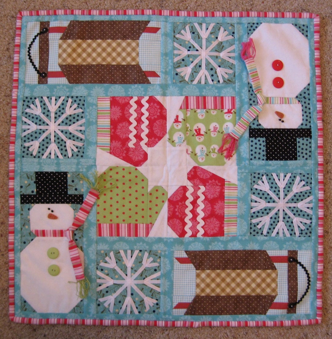 Winter Snowy Day Quilt Pattern, Snowman, Sleds, Mittens, Snowflakes ...