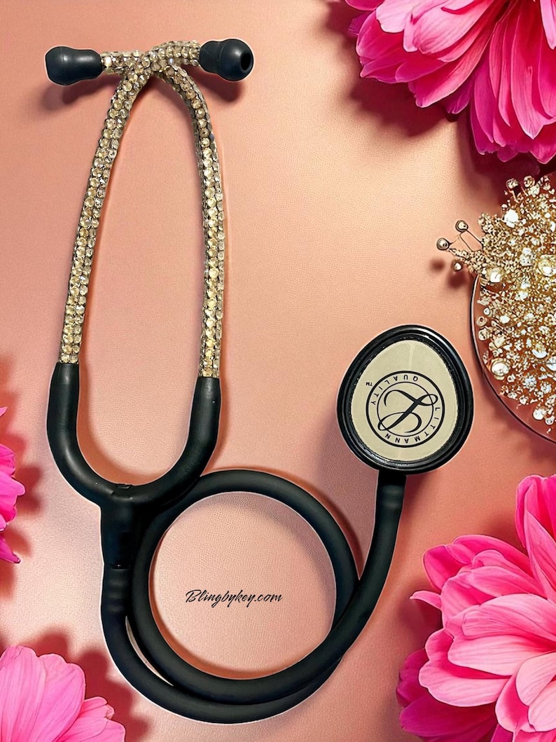 Essential Crown Bling Stethoscope: Custom Littmann, Black With Gold ...