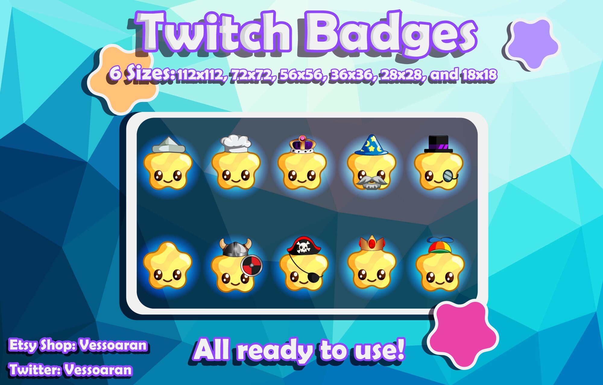 Twitch Sub Badges || Stars With Hats Sub Badges for Streamers || Cute ...