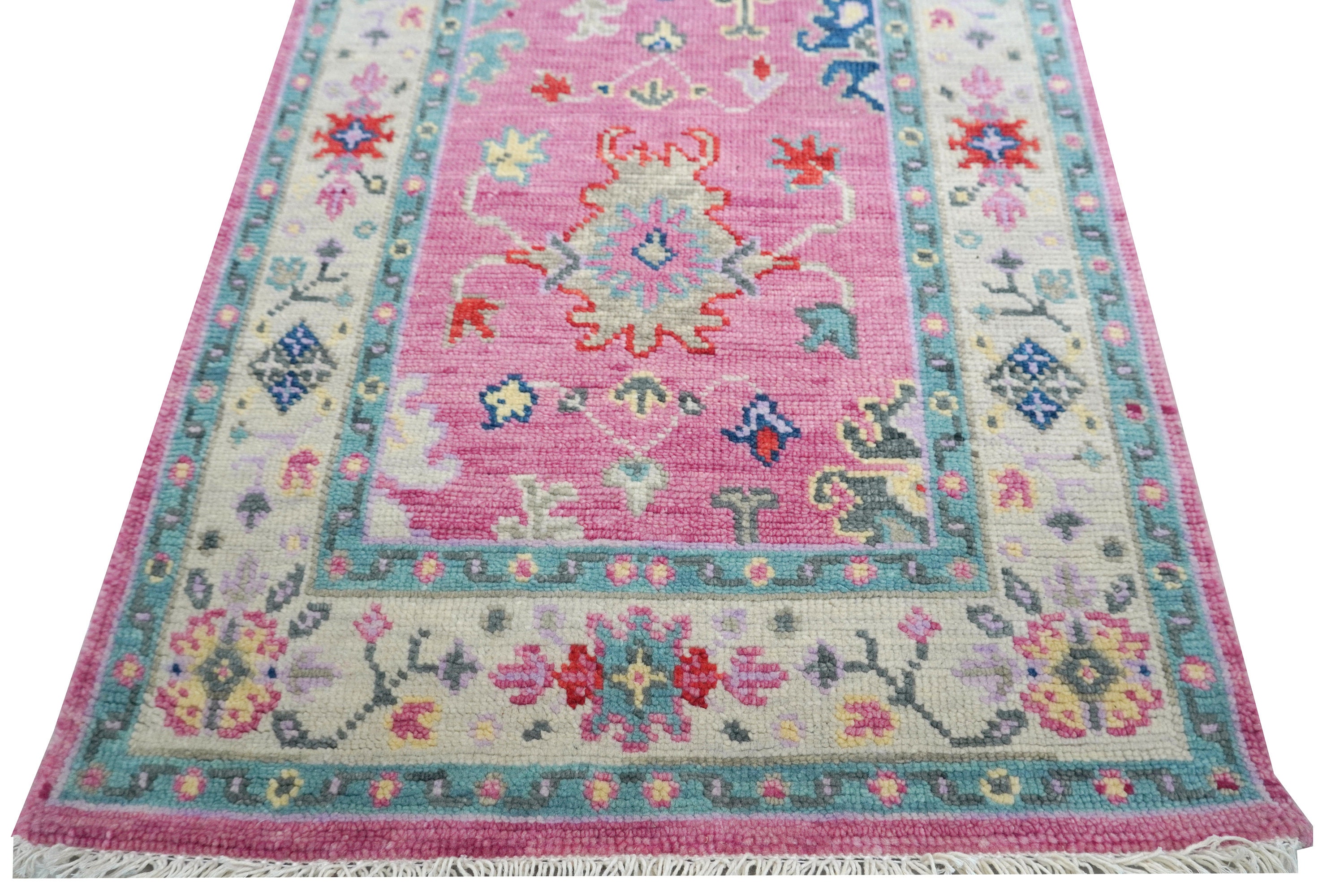 Woollen Oushak Runner Rug, Shades of Pink Ivory Hallway Pastel Runners ...