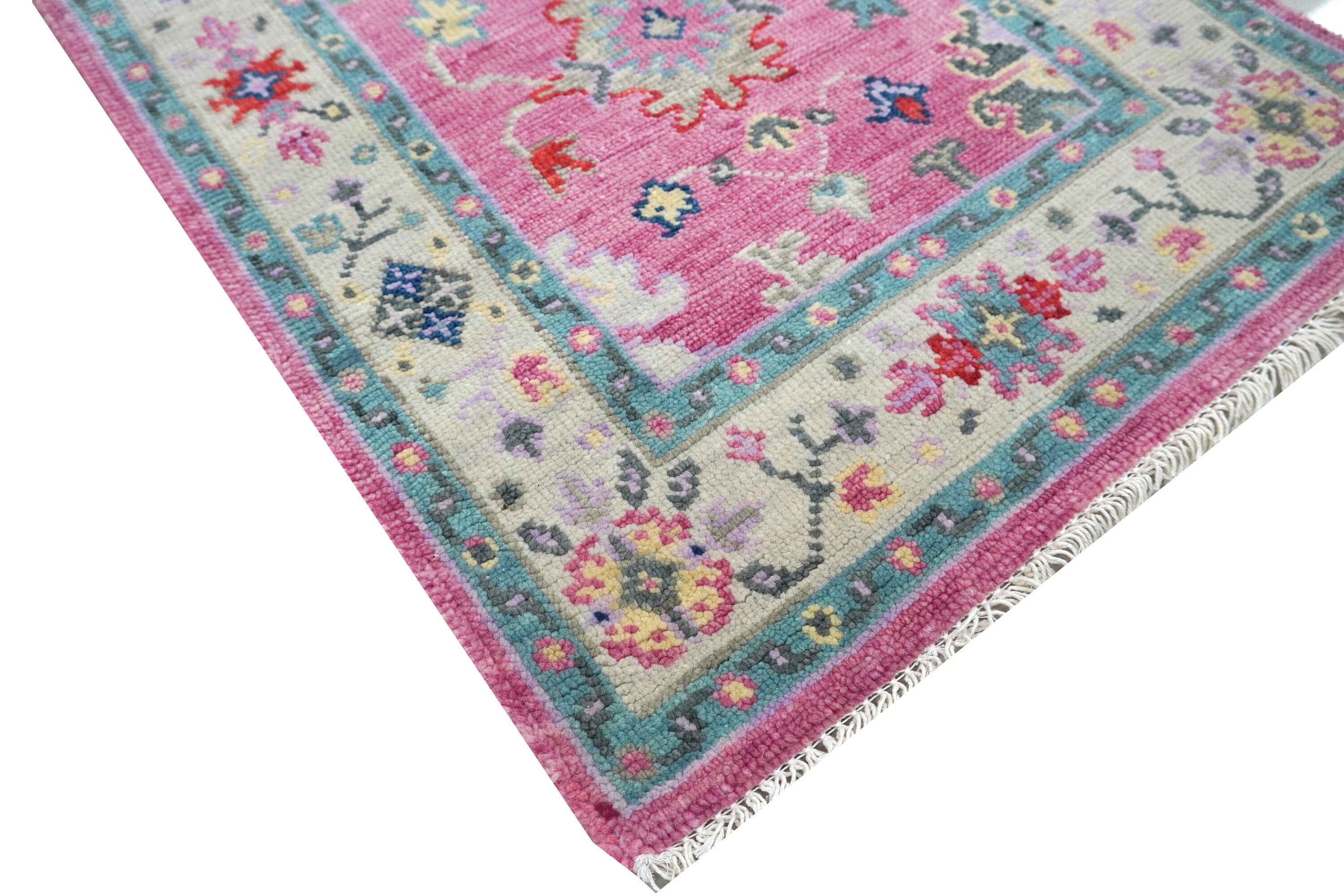 Woollen Oushak Runner Rug, Shades of Pink Ivory Hallway Pastel Runners ...
