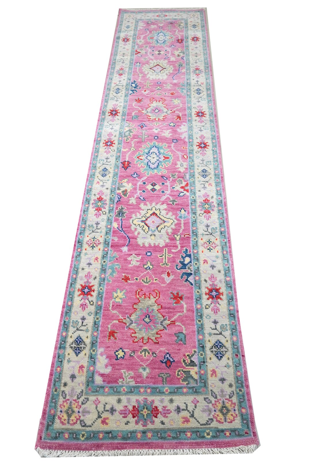 Woollen Oushak Runner Rug, Shades of Pink Ivory Hallway Pastel Runners ...