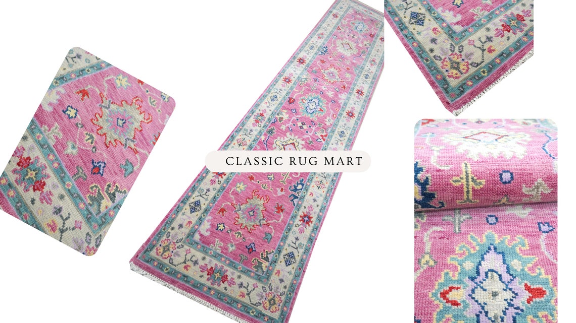 Woollen Oushak Runner Rug, Shades of Pink Ivory Hallway Pastel Runners ...