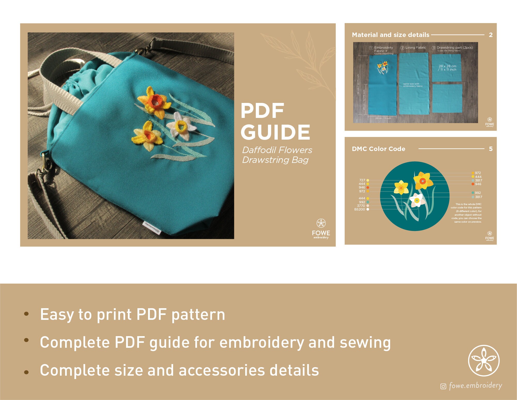 Drawstring Bag PDF Pattern Poppy Daffodil Flower Hand - Etsy