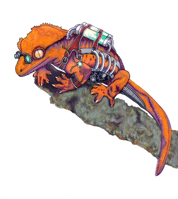 Steampunk Crested Gecko Art Print | Etsy