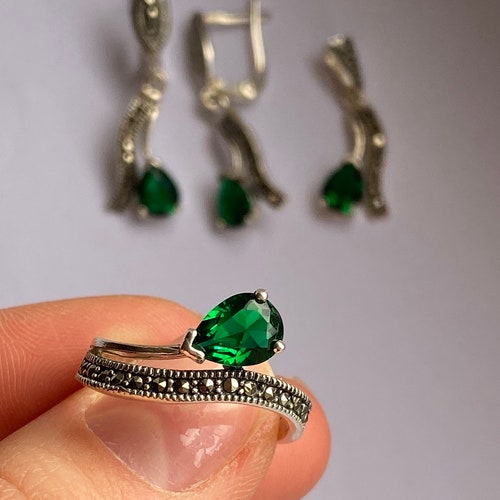 Small Green Stone Ring Silver Green Stone Ring Created Emerald - Etsy