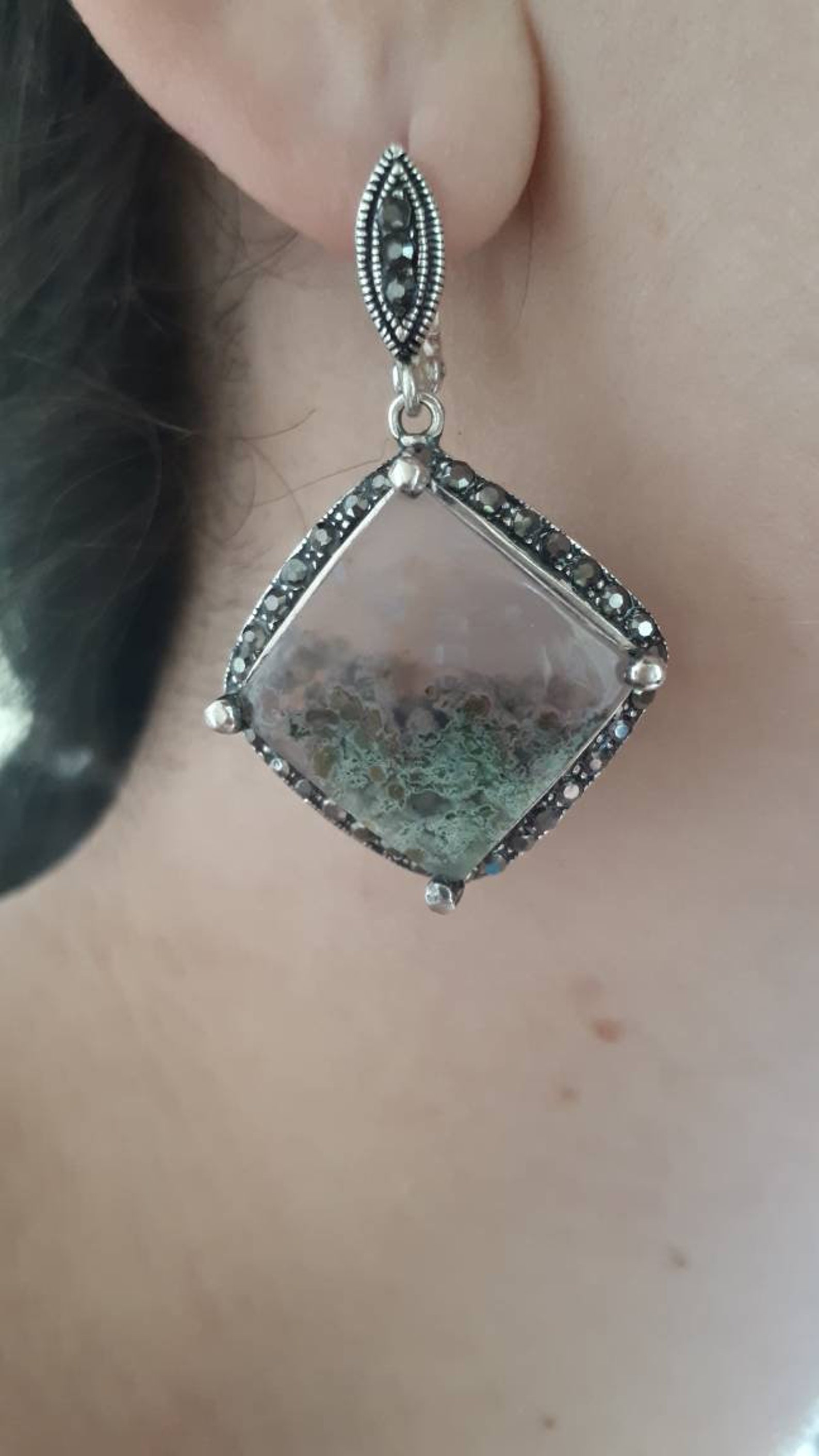 Square Large Ring Huge Gemstone Ring Moss Agate Ring Landscape | Etsy