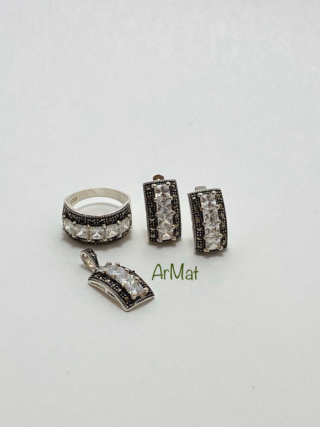 Marcasite Jewelry Set: Crystal & Cubic Zirconia Silver Ring Earrings - Etsy