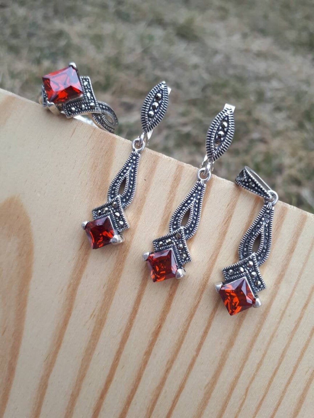 Ruby Gemstone Dangle Sterling Silver Earrings DAINTY Red Pendant Square ...