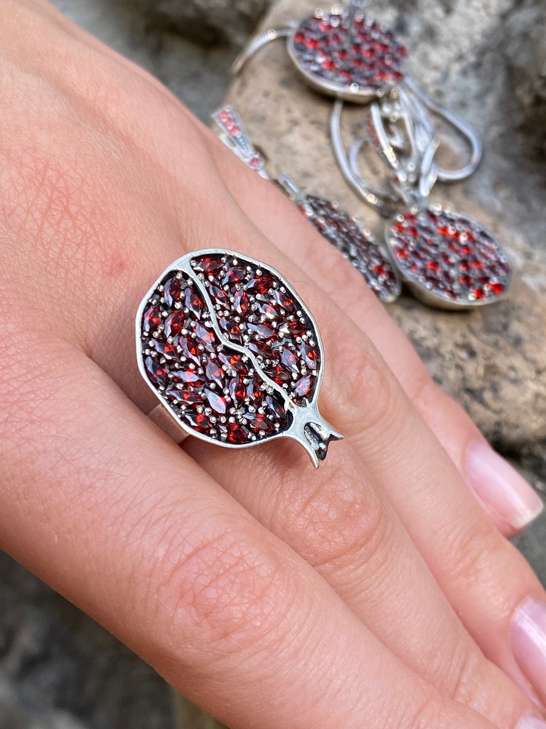 Pomegranate Ring Silver Pomegranate Jewelry Garnet Pomegranate ...
