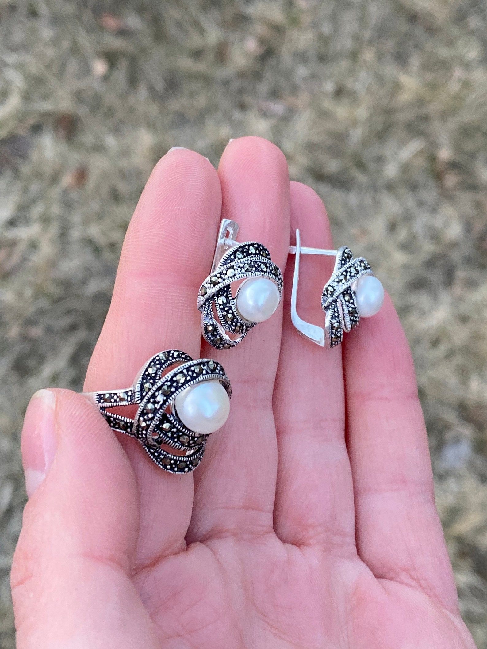 Pearl earrings silver pearl jewelry marcasite pearl earrings | Etsy