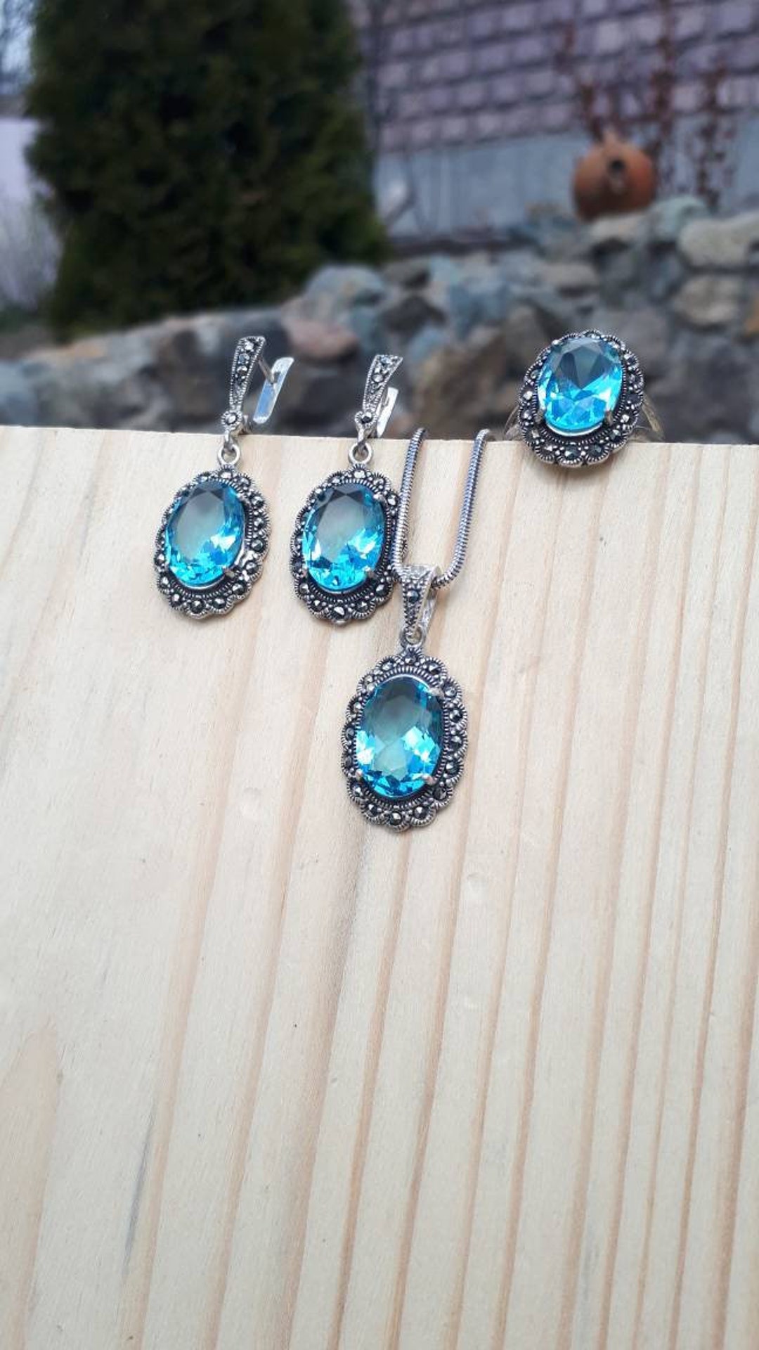 Aqua Blue Oval Ring Silver Aquamarine Pendant Vintage Light Blue ...