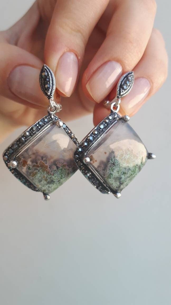 Square Large Ring Huge Gemstone Ring Moss Agate Ring Landscape | Etsy