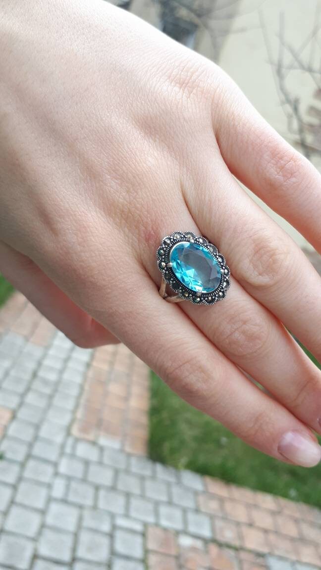 Aqua blue oval ring Silver aquamarine pendant Vintage light | Etsy