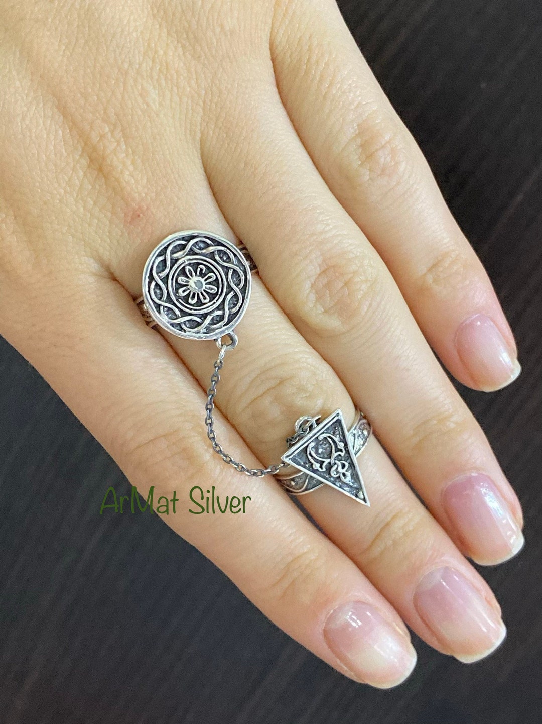 Chain Silver Ring Double Ring Full Finger Silver Ring Armor Ring Chain ...
