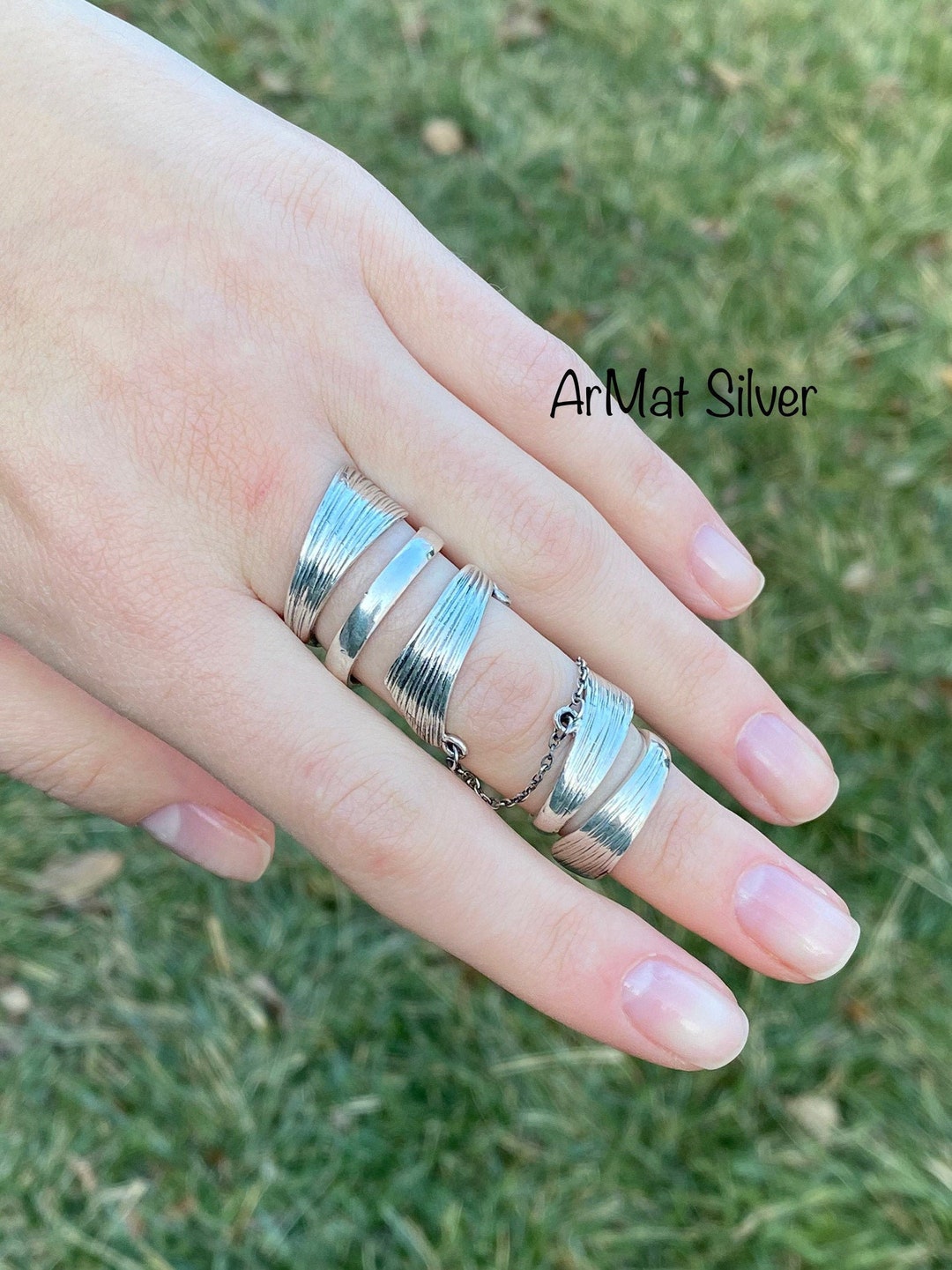 Full Finger Ring Silver Armor Articulated Ring Adjustable Full Finger ...