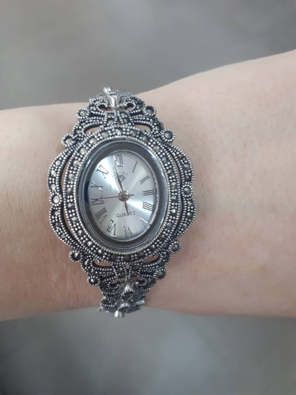 Luxury Marcasite wristwatch Silver wrist watch Oval gorgeous | Etsy