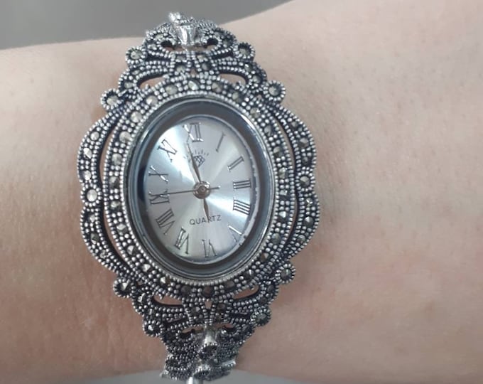Luxury Marcasite Wristwatch Silver Wrist Watch Oval Gorgeous Wrist ...