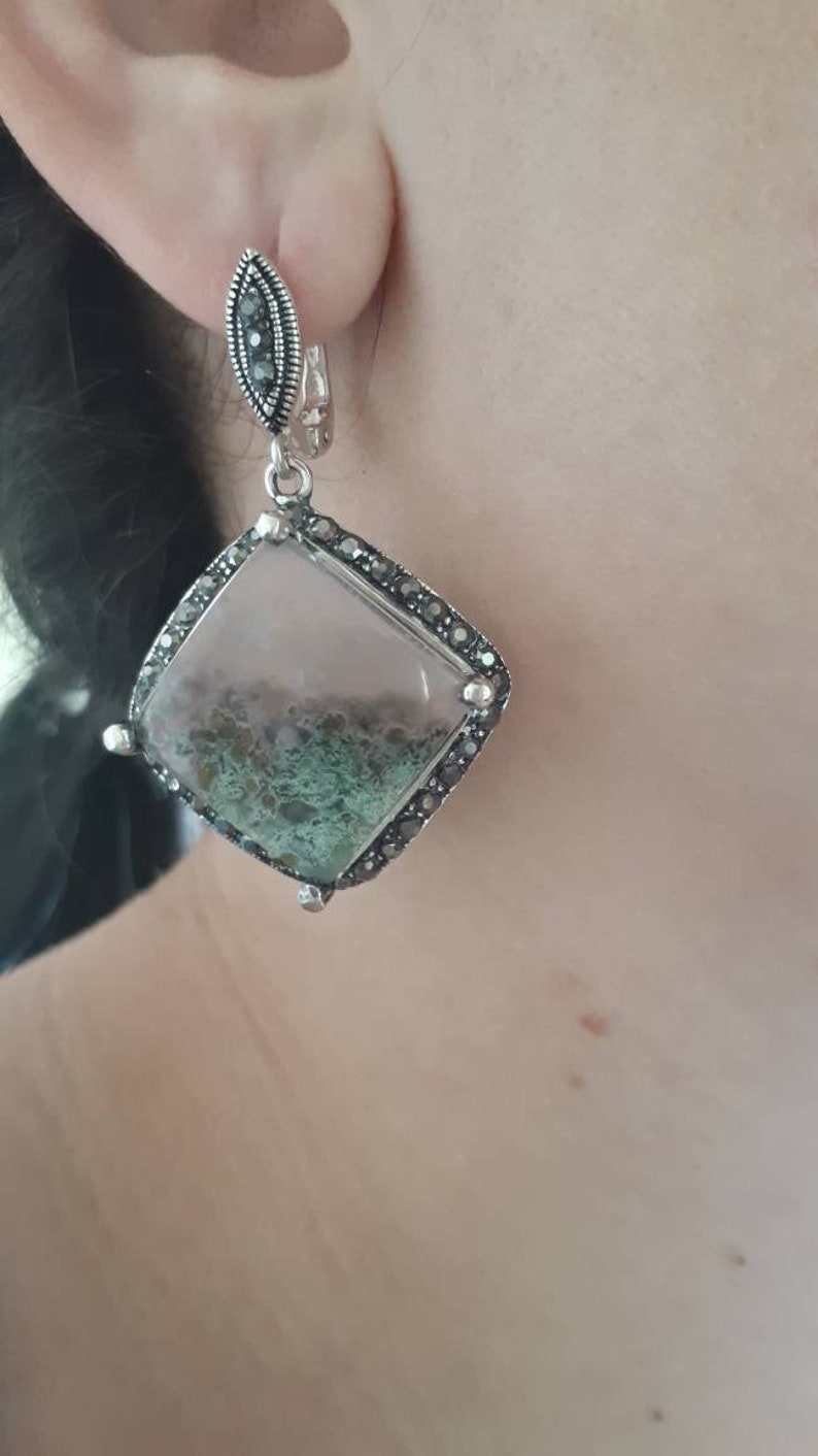 Square Large Earrings Huge Gemstone Moss Agate Earrings - Etsy
