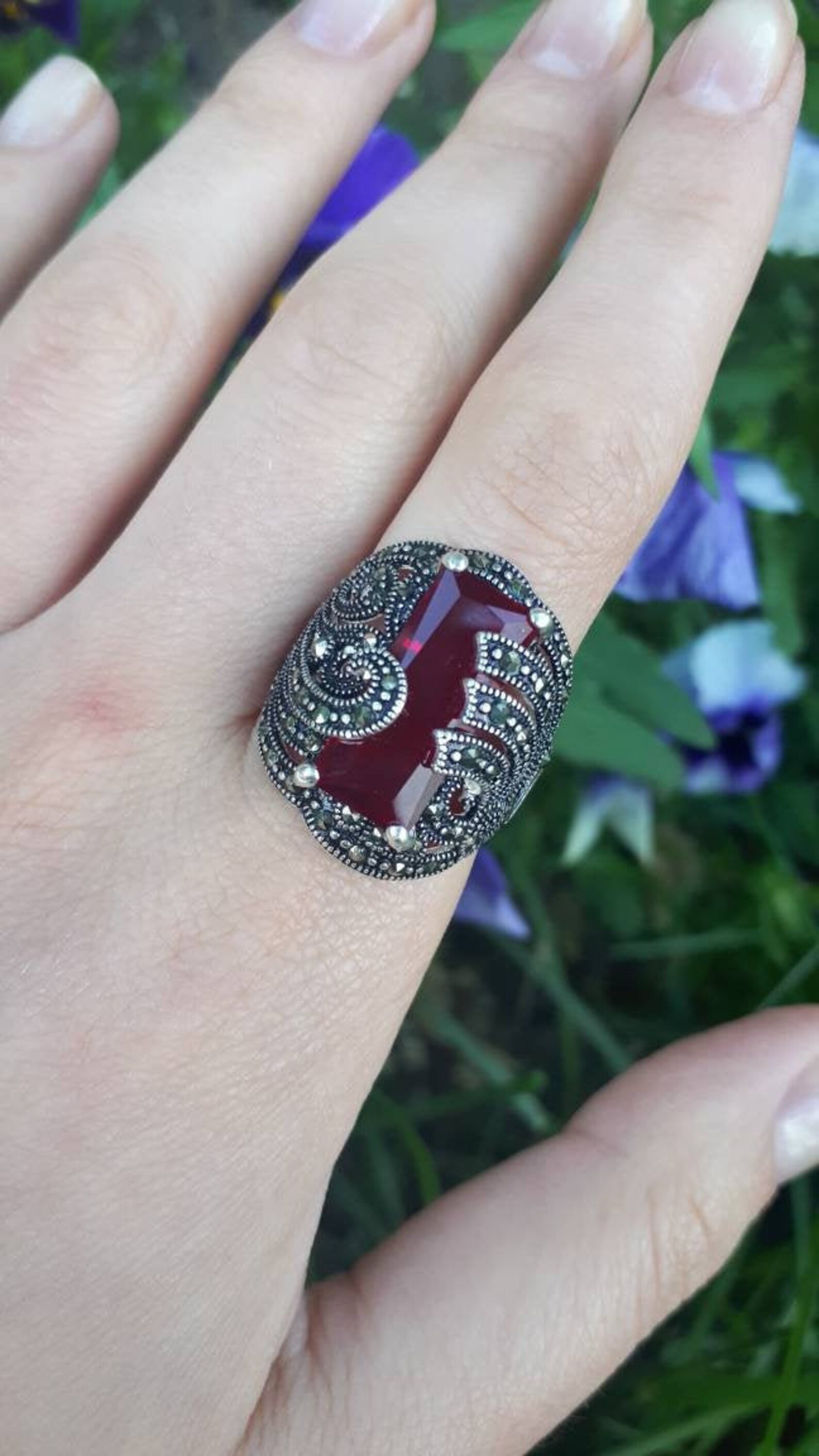 Burgundy Ring Red Marcazite Ring Statement Red Ring Red Vintage 70th ...
