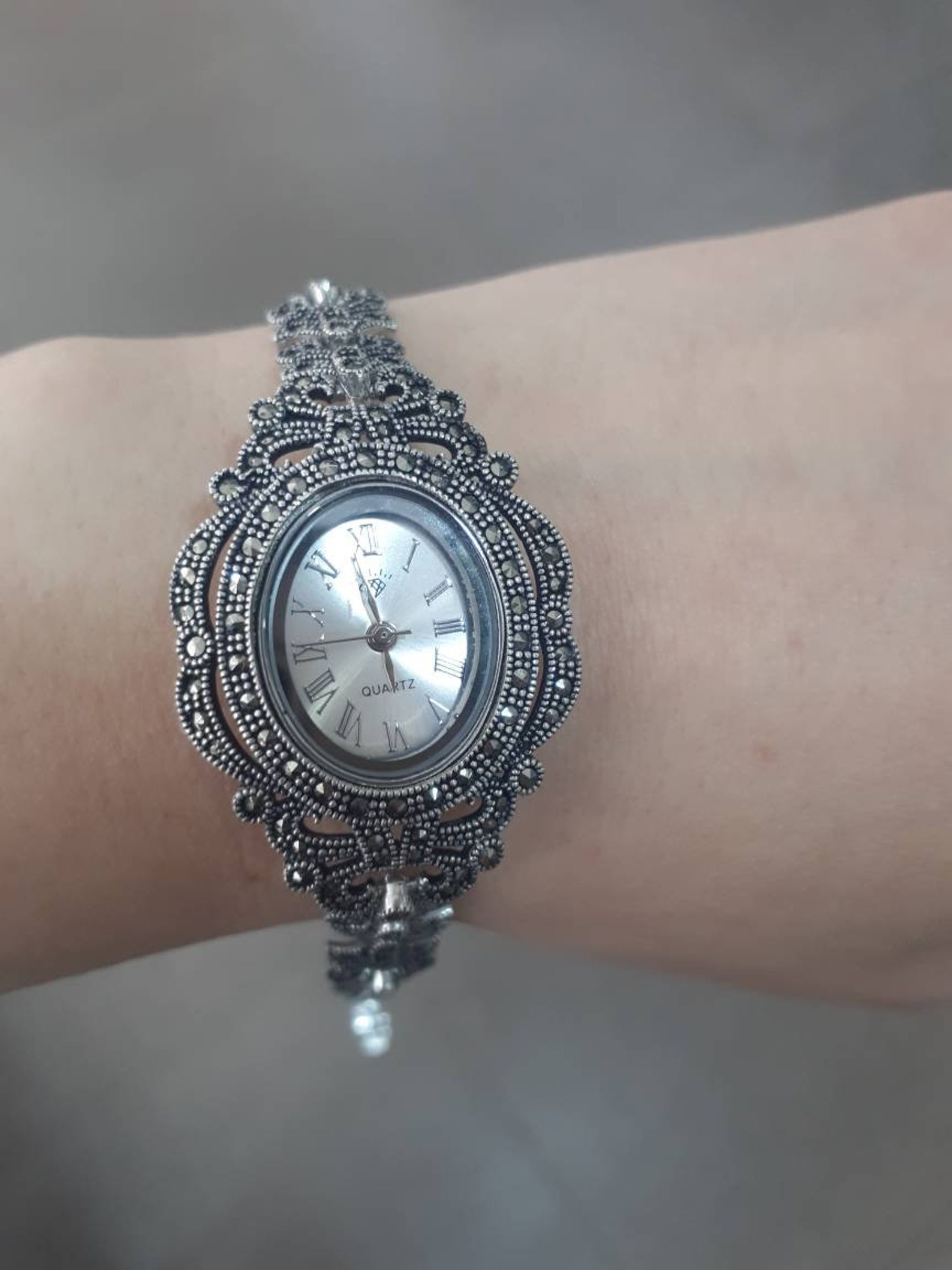 Luxury Marcasite Wristwatch Silver Wrist Watch Oval Gorgeous Wrist ...