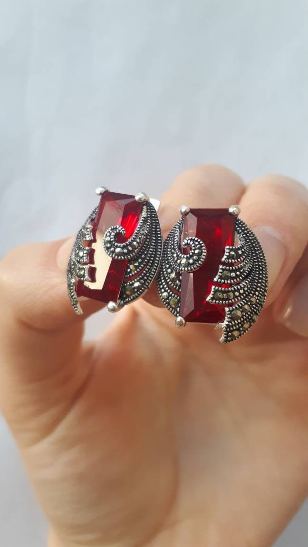 Silver Earrings Marcasite Jewelry Red Silver Earrings Burgundy Earrings ...