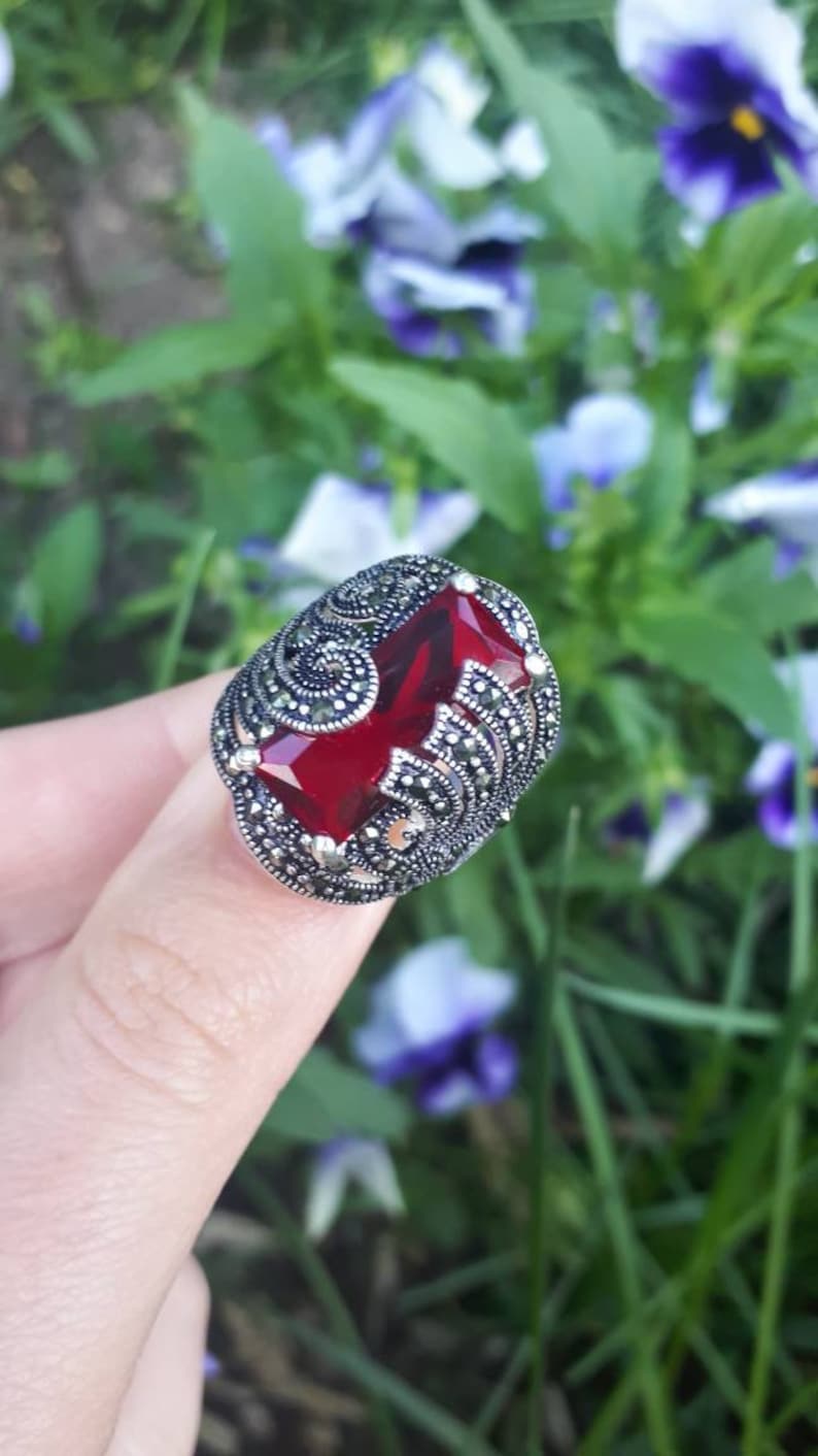Burgundy Ring Red Marcazite Ring Statement Red Ring Red Vintage 70th ...