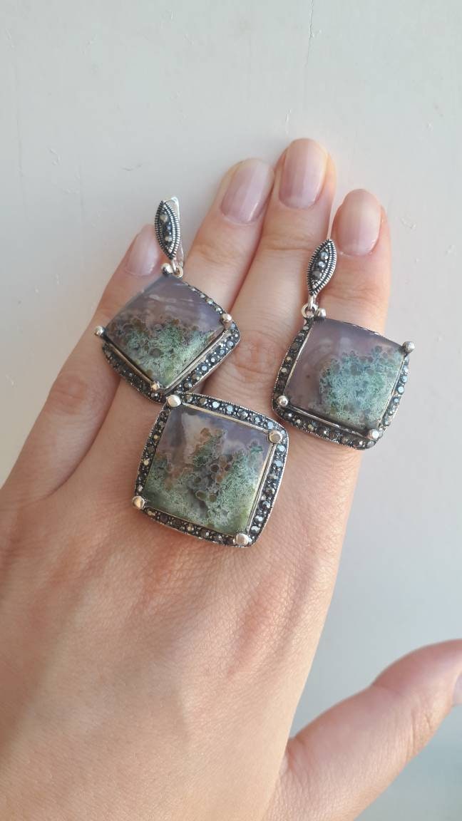 Square Large Ring Huge Gemstone Ring Moss Agate Ring Landscape | Etsy