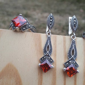 Ruby Gemstone Dangle Sterling Silver Earrings DAINTY Red Pendant Square ...