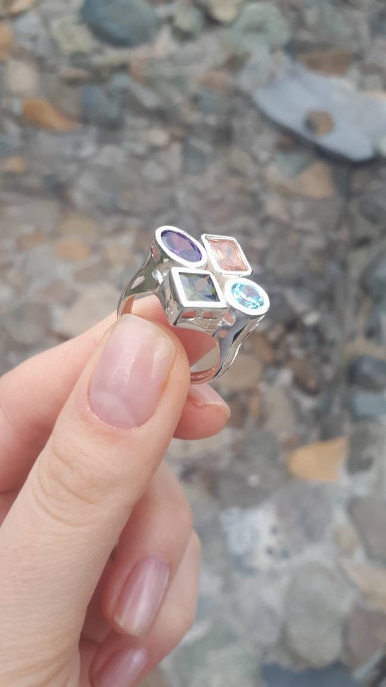 Multicolor Ring Colorful Ring Silver Art Deco Ring Colorful - Etsy