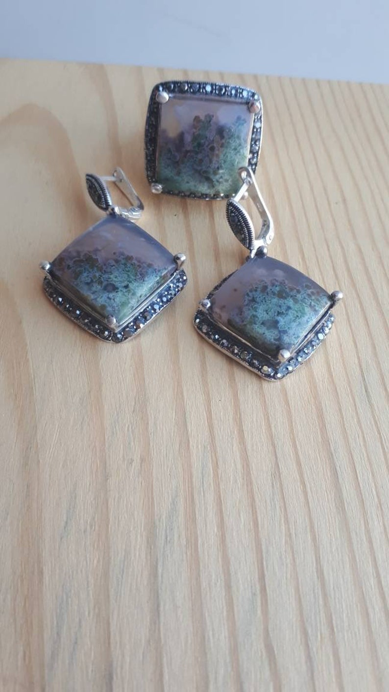 Square Large Ring Huge Gemstone Ring Moss Agate Ring Landscape | Etsy