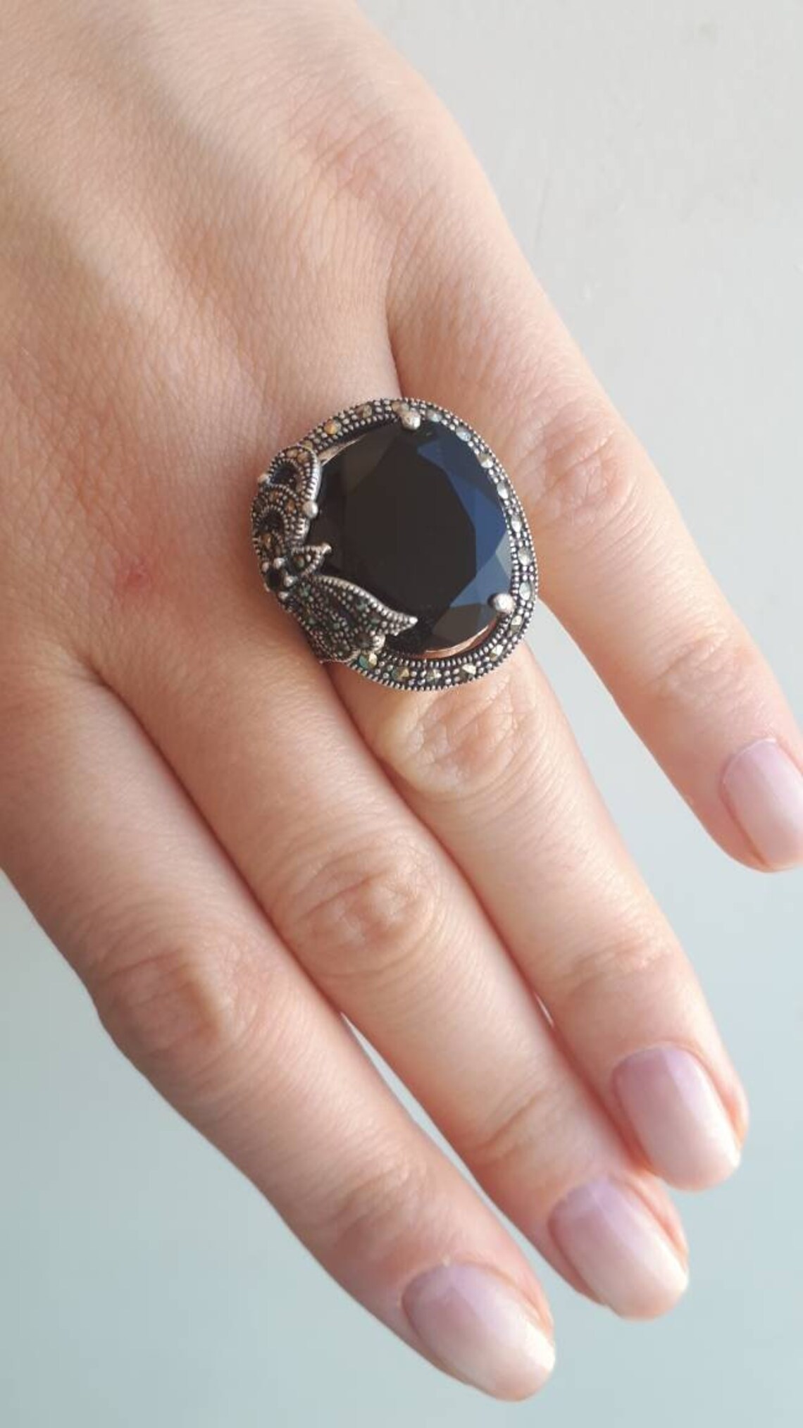 Luxury Black Stone Ring Circle Ring Black Marcasite Ring - Etsy