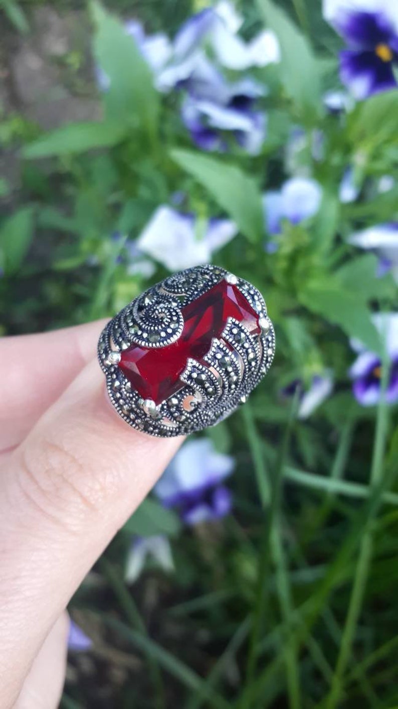 Burgundy Ring Red Marcazite Ring Statement Red Ring Red Vintage 70th ...