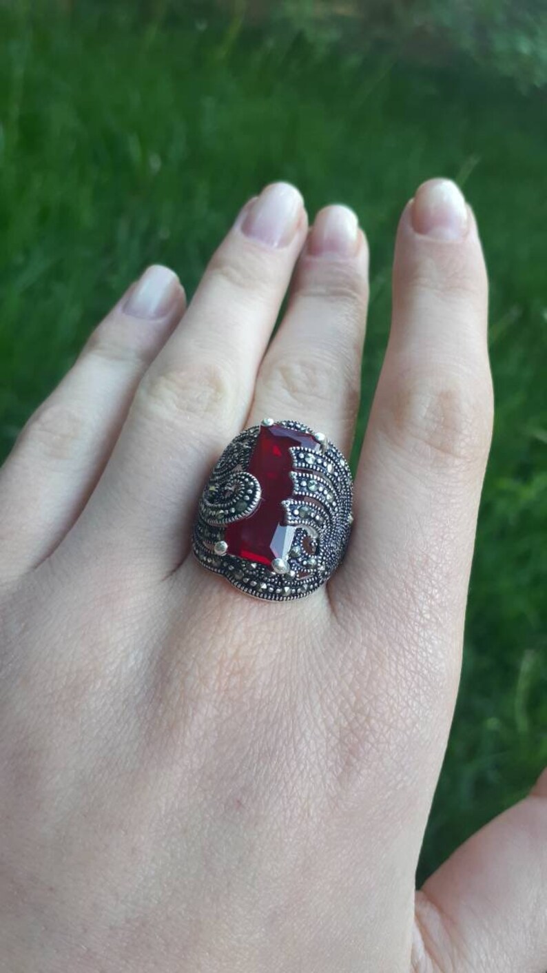 Burgundy Ring Red Marcazite Ring Statement Red Ring Red Vintage 70th ...