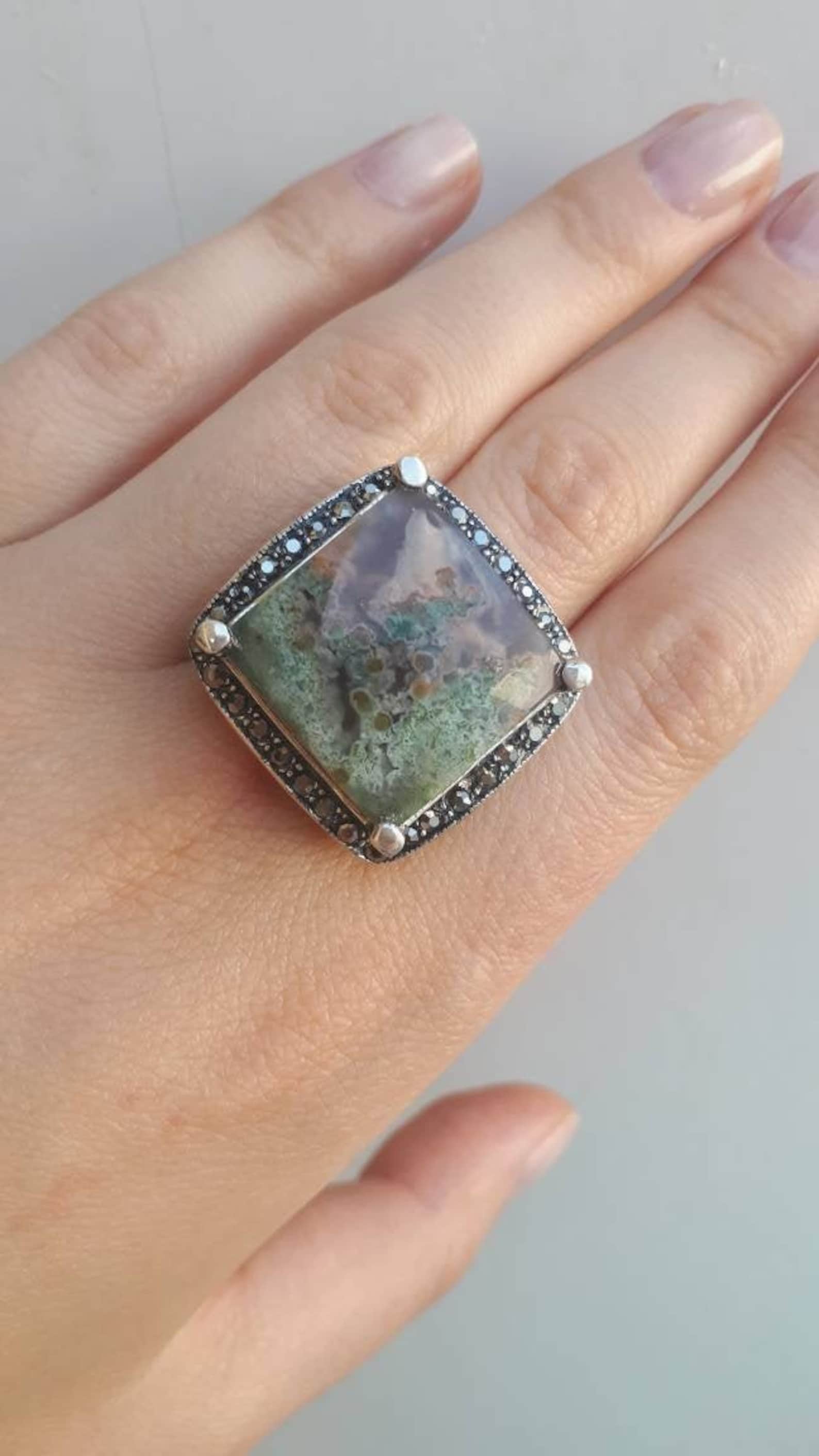 Square Large Ring Huge Gemstone Ring Moss Agate Ring Landscape | Etsy
