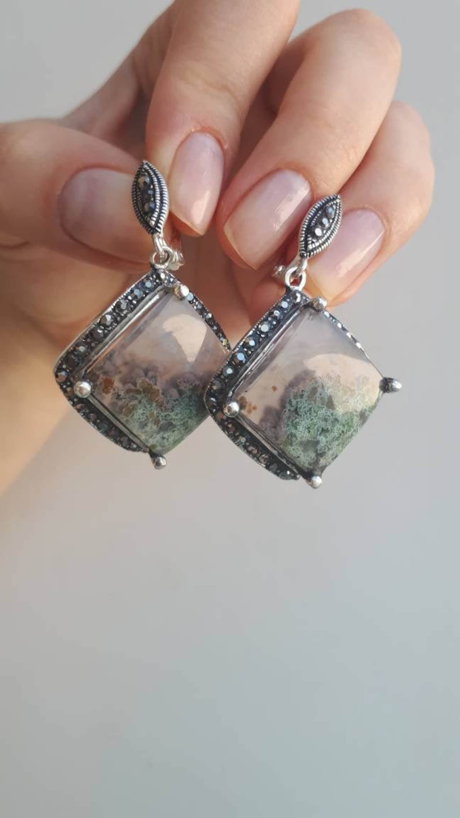 Square Large Earrings Huge Gemstone Moss Agate Earrings - Etsy
