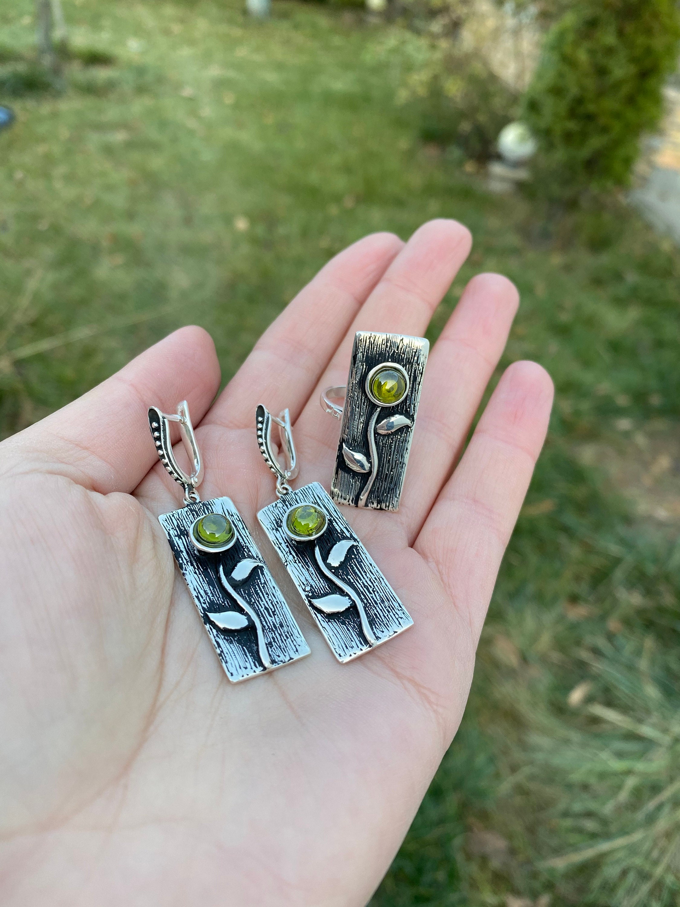 Green Stone Jewelry Flower Ring Rectangle Long Ring Lime Green - Etsy UK