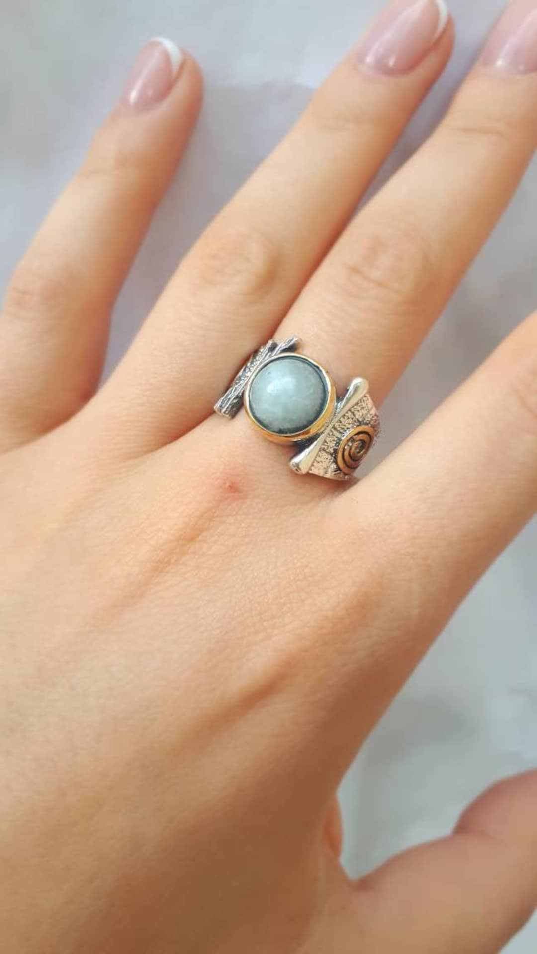Gold Plated Silver Ring Bimetal Vintage Ring Light Blue Gemstone ...