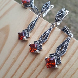 Ruby Gemstone Dangle Sterling Silver Earrings DAINTY Red Pendant Square ...