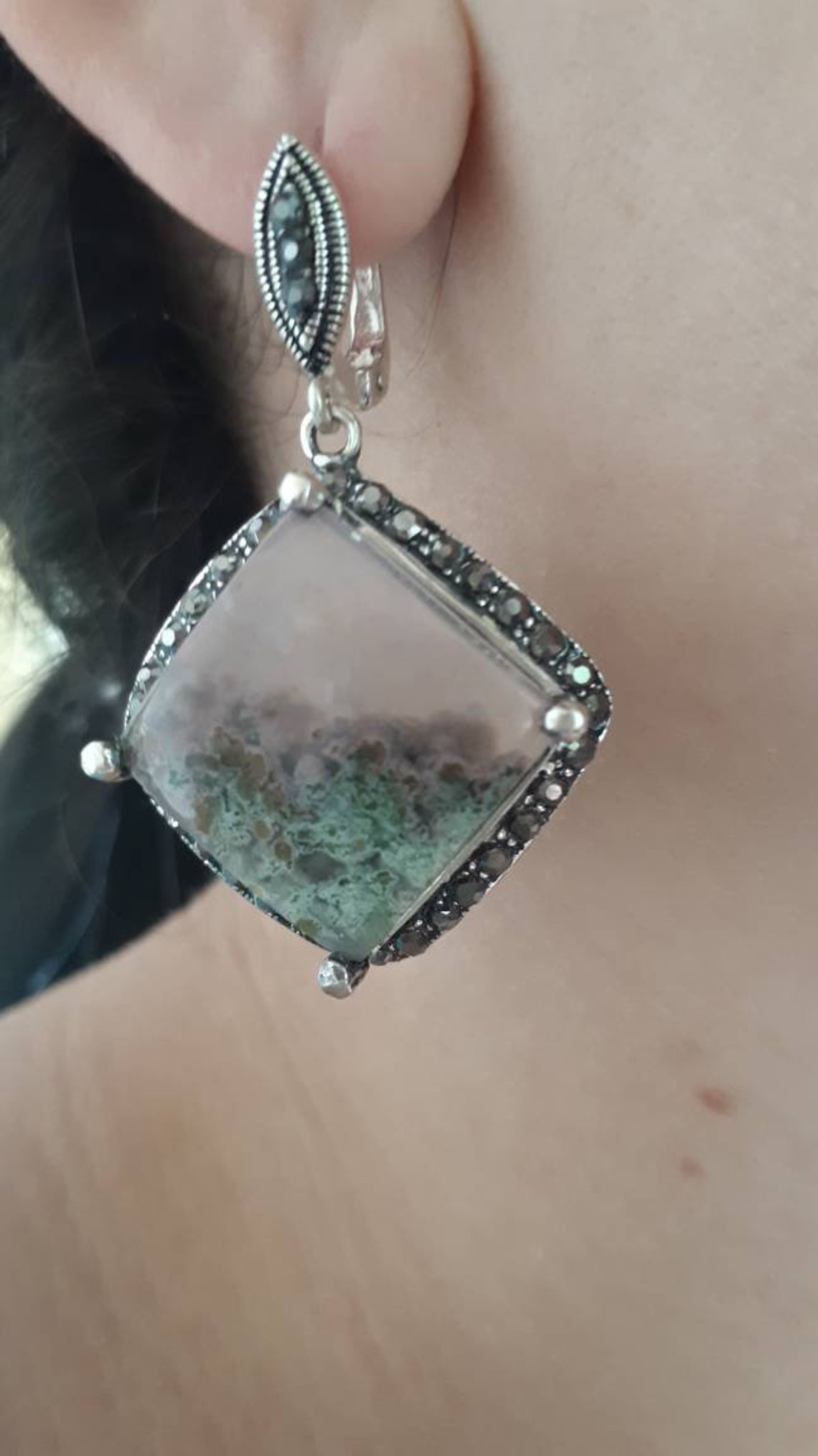 Square Large Earrings Huge Gemstone Moss Agate Earrings - Etsy