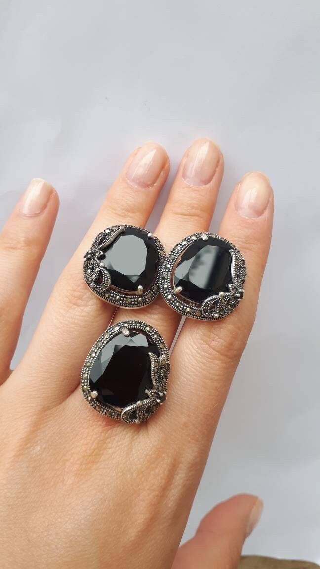 Luxury Black Stone Ring Circle Ring Black Marcasite Ring - Etsy